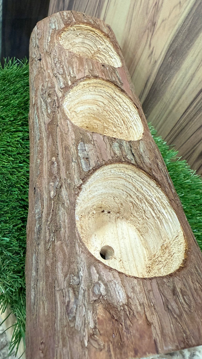 Wooden log bowl with 3 holes – Pet Fables